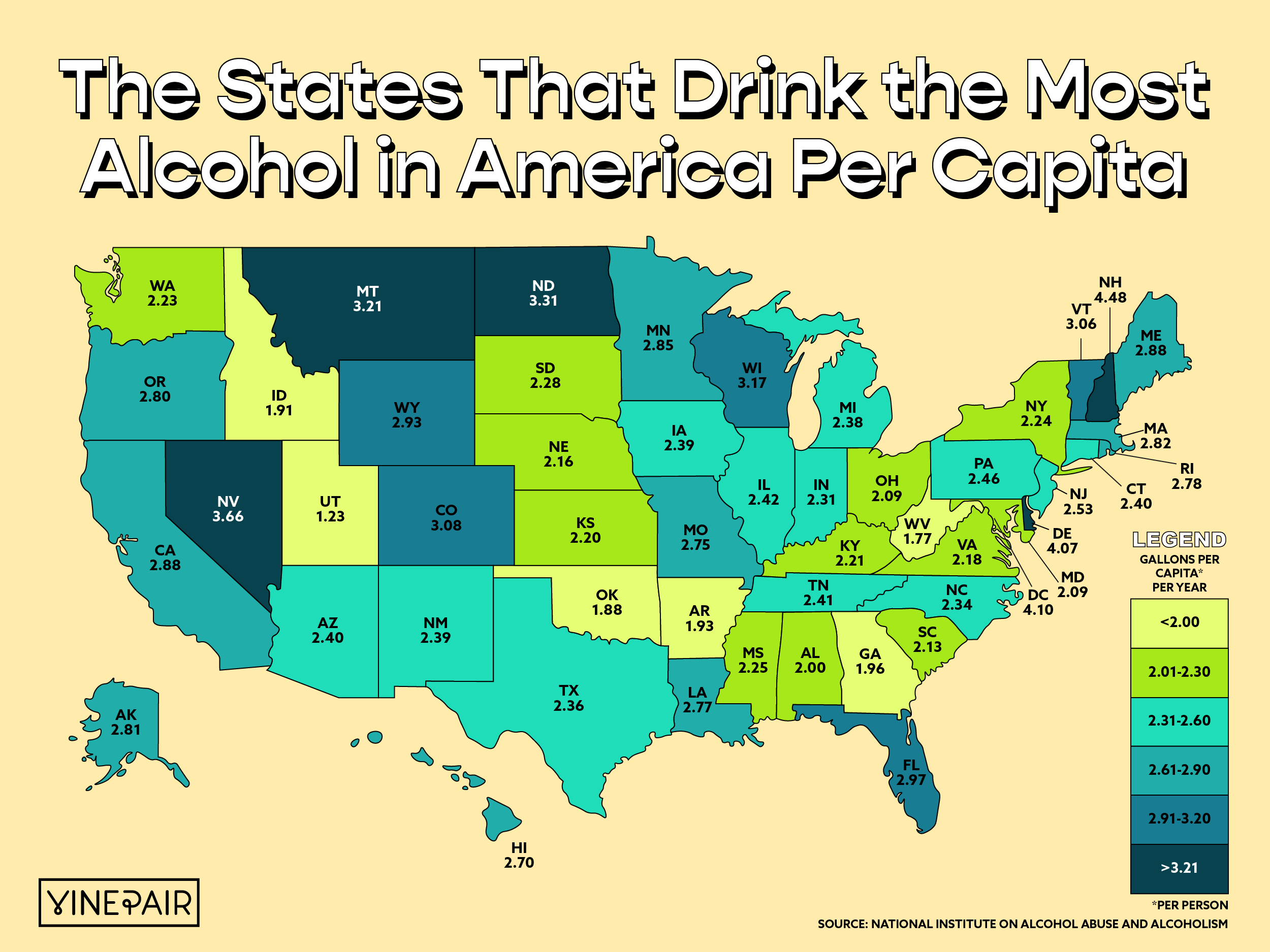 Les États qui boivent le plus d’alcool en Amérique (2024) (MAP)